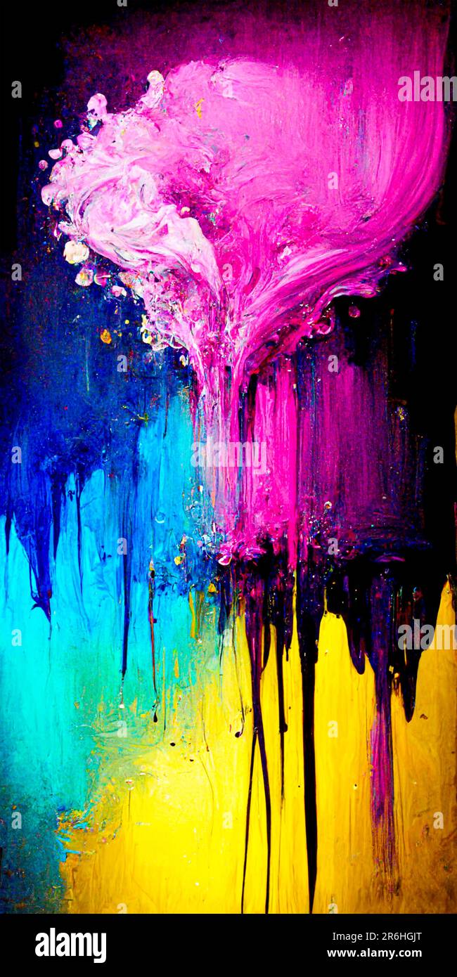An abstract painting featuring a vibrant and dynamic mix of colors and ...