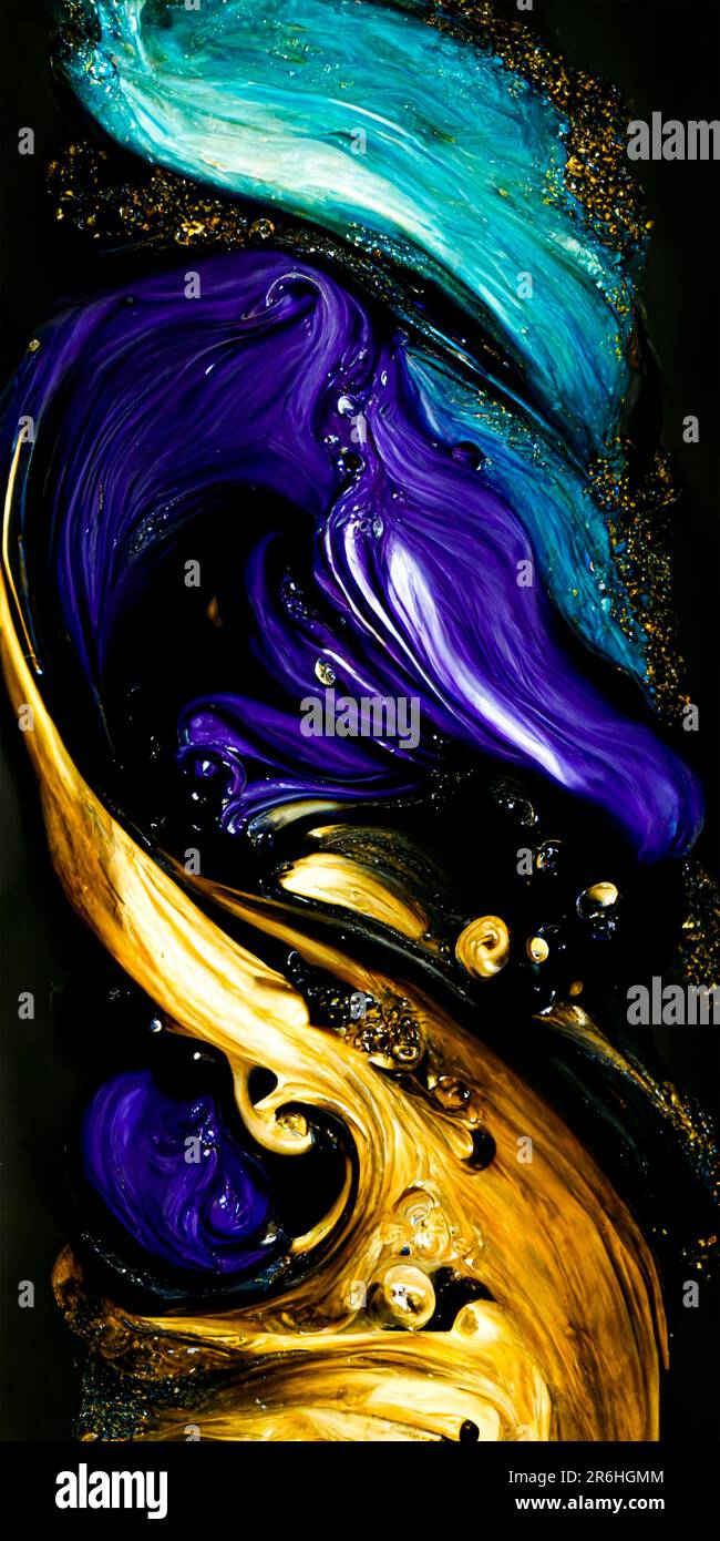A vibrant blue and gold abstract painting, featuring a series of ...