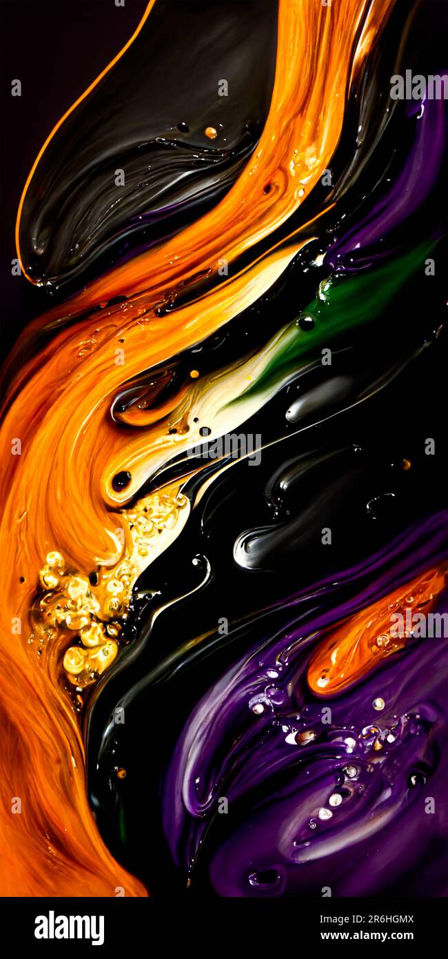 A vibrant abstract painting featuring a black background and a bold ...