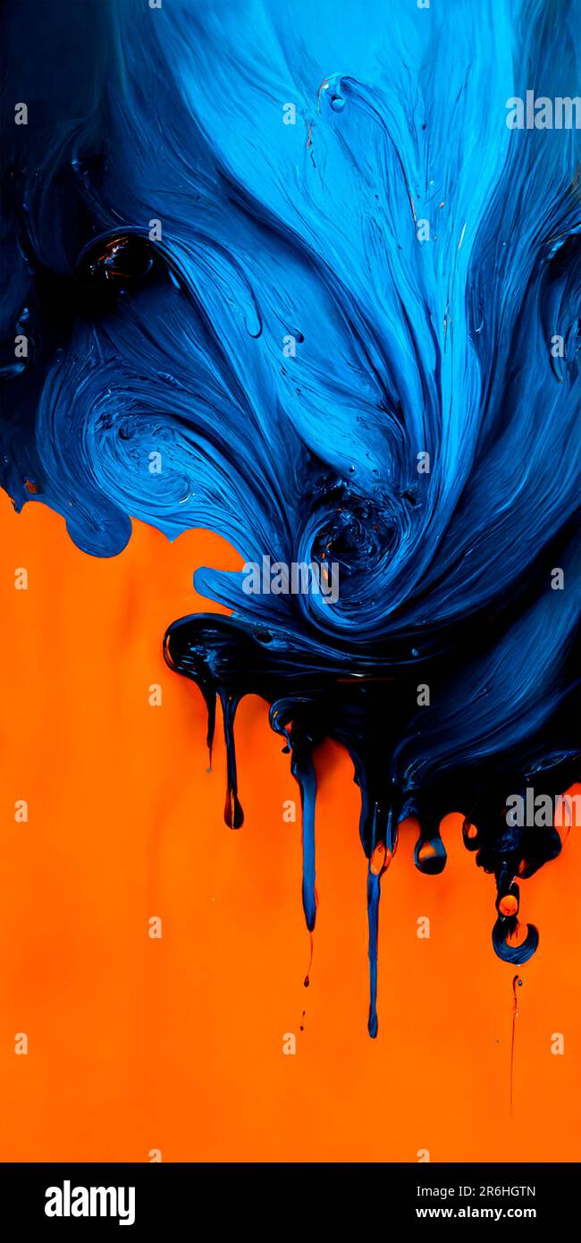 A vibrant abstract art painting with orange and blue colors blending ...