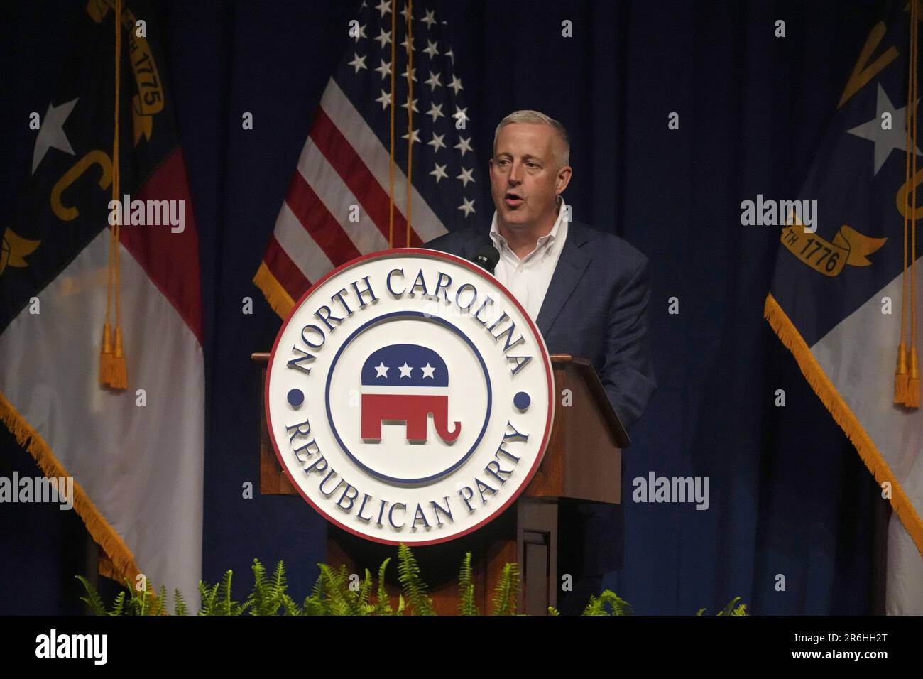 North Carolina GOP Chairman Michael Whatley speaks at the state party's ...