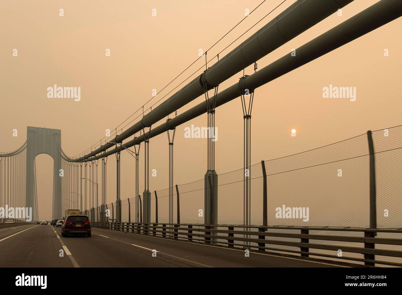 View of the Verrazzano-Narrows Bridge and New York City overtaken by ...