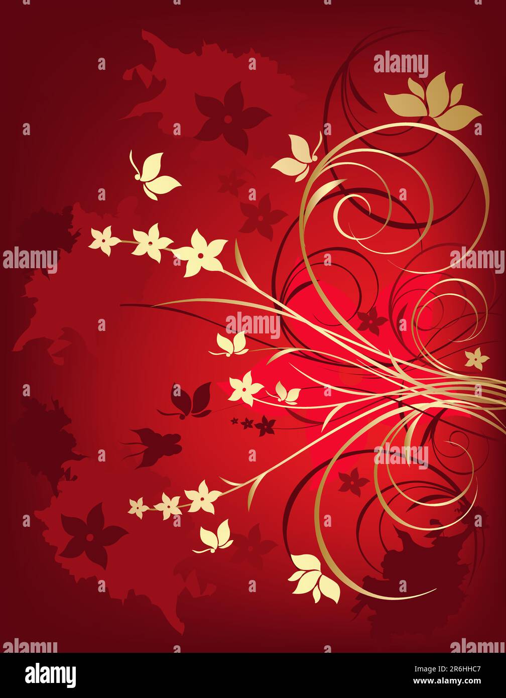 Grunge red and gold floral background with butterfly Stock Vector Image ...