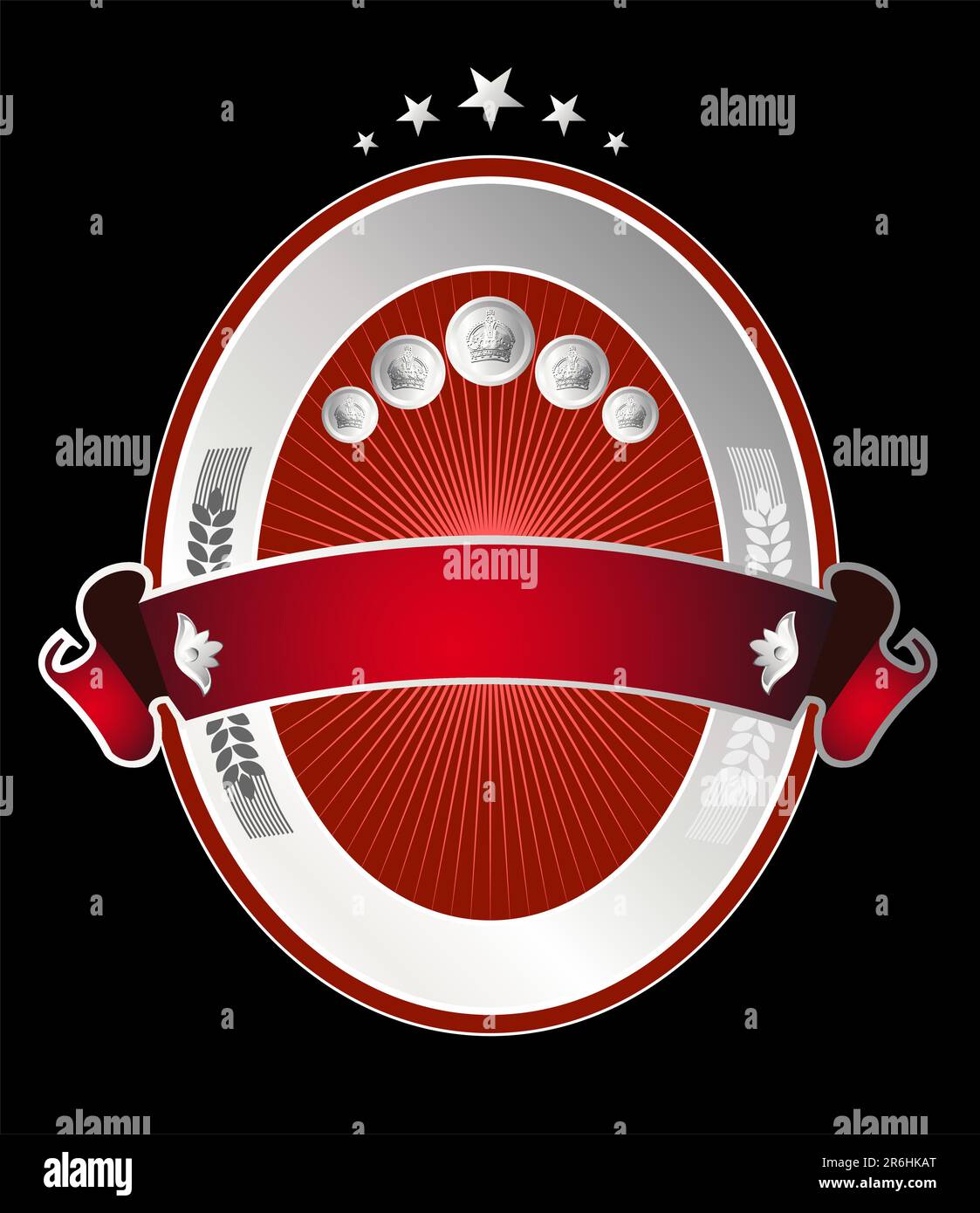 Red beer label with silver oval and five stars on top. Horizontal red ...
