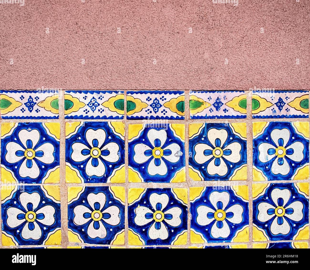 Horizontal image of a traditionl yellow, blue, and white, hand-painted ...