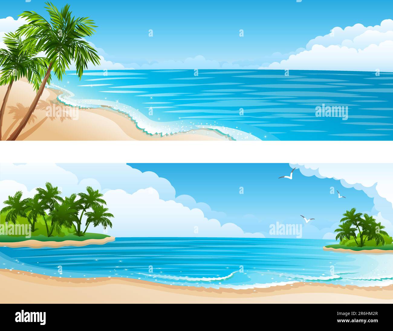 Vector illustration - Tropical landscape with beach, sea and palm trees ...