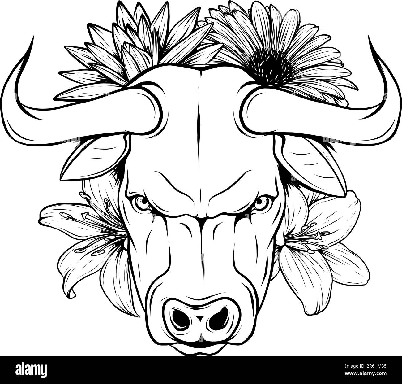 vector illustration of monochrome bull with flower on white background ...