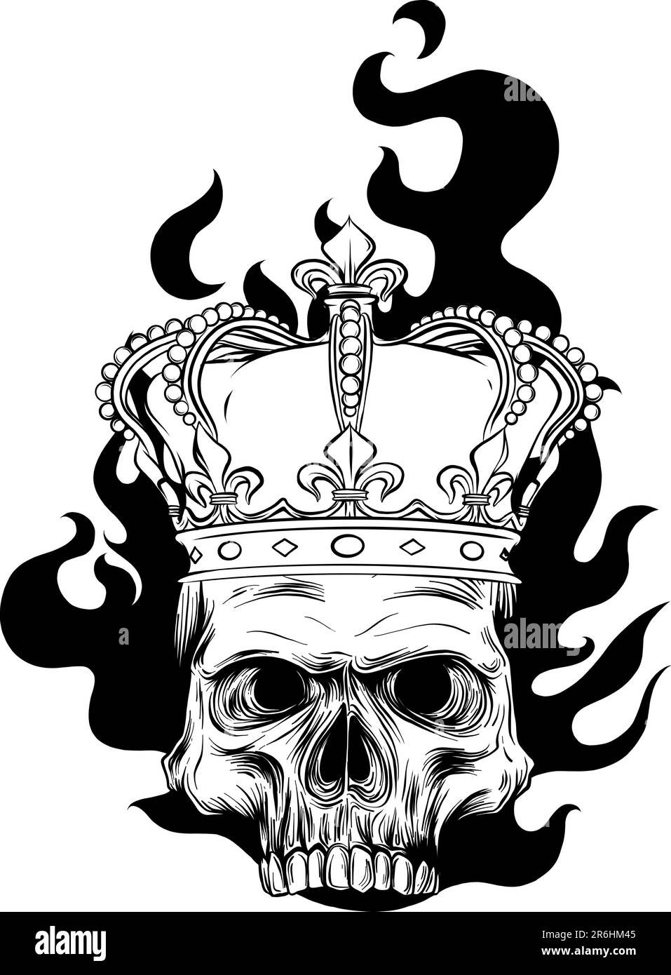 monochrome king skull with flames on white background. vector ...