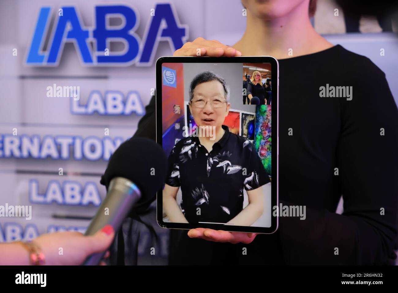 Panorama City, California, USA. 7th June, 2023. Artist Jiannan Huang is interviewed at the Neon ...