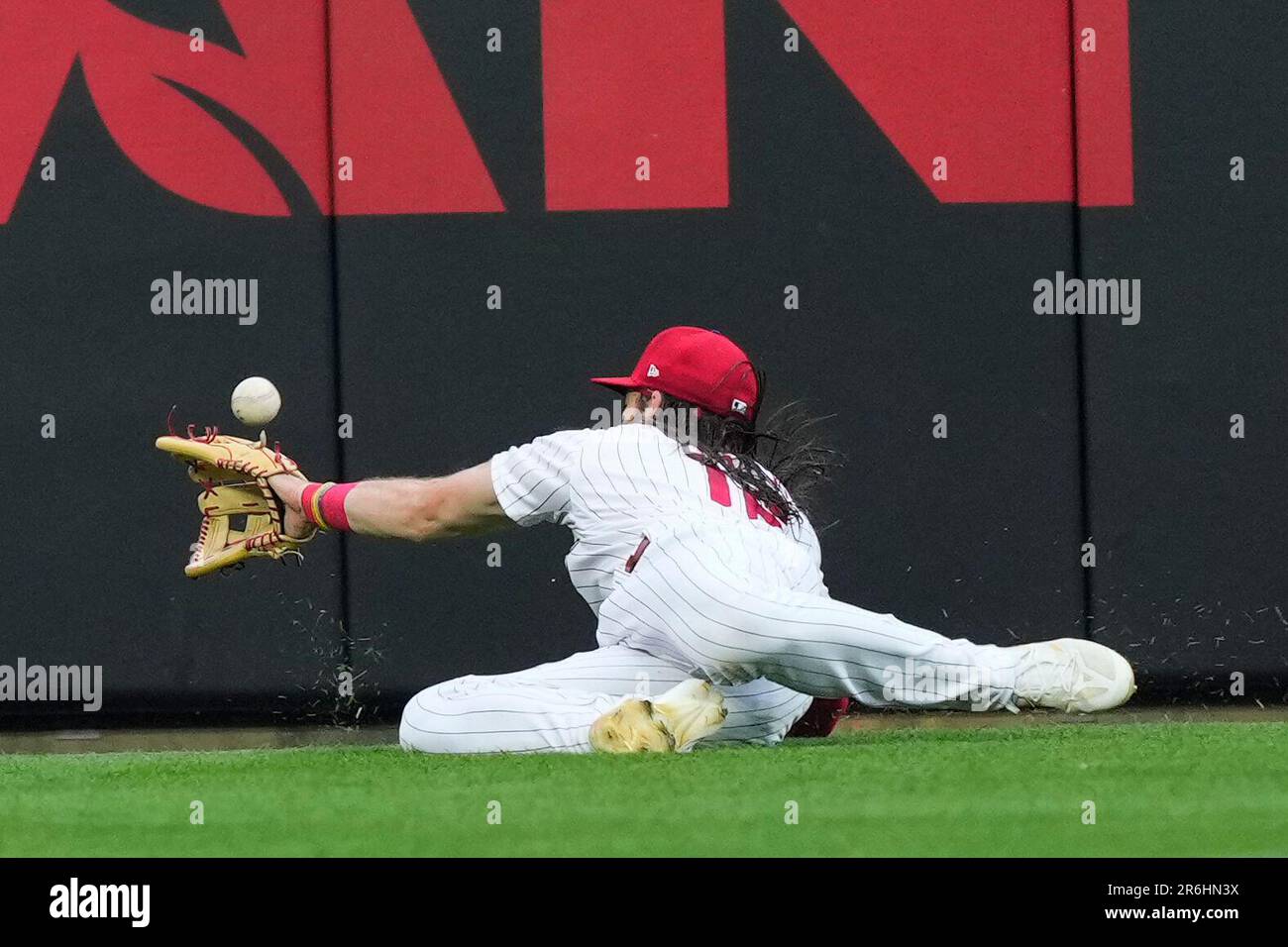 Philadelphia Phillies' Brandon Marsh cannot reach an RBI-double hit by ...