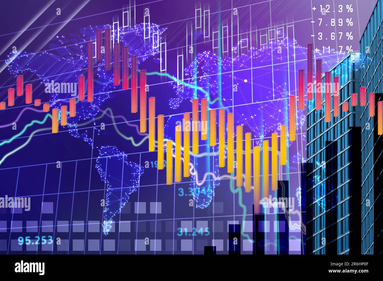 Stock exchange concept. Modern buildings, world map, data and charts ...