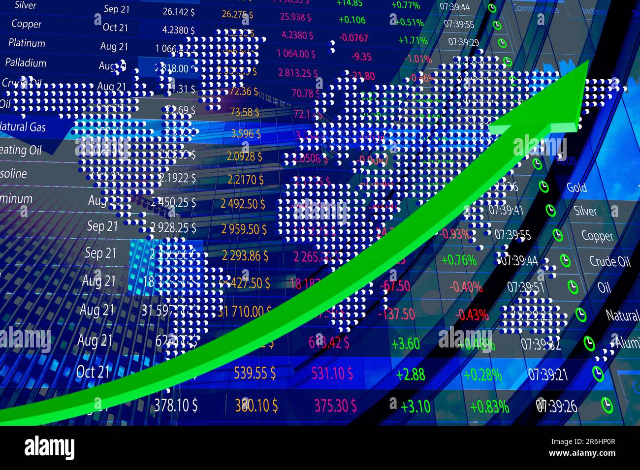 Stock exchange concept. Modern buildings, world map, data and arrow ...