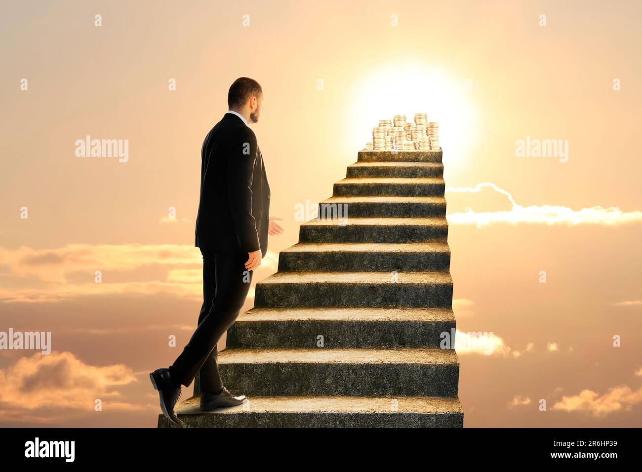 Steps to success. Businessman climbing up stairs to reach wealth ...
