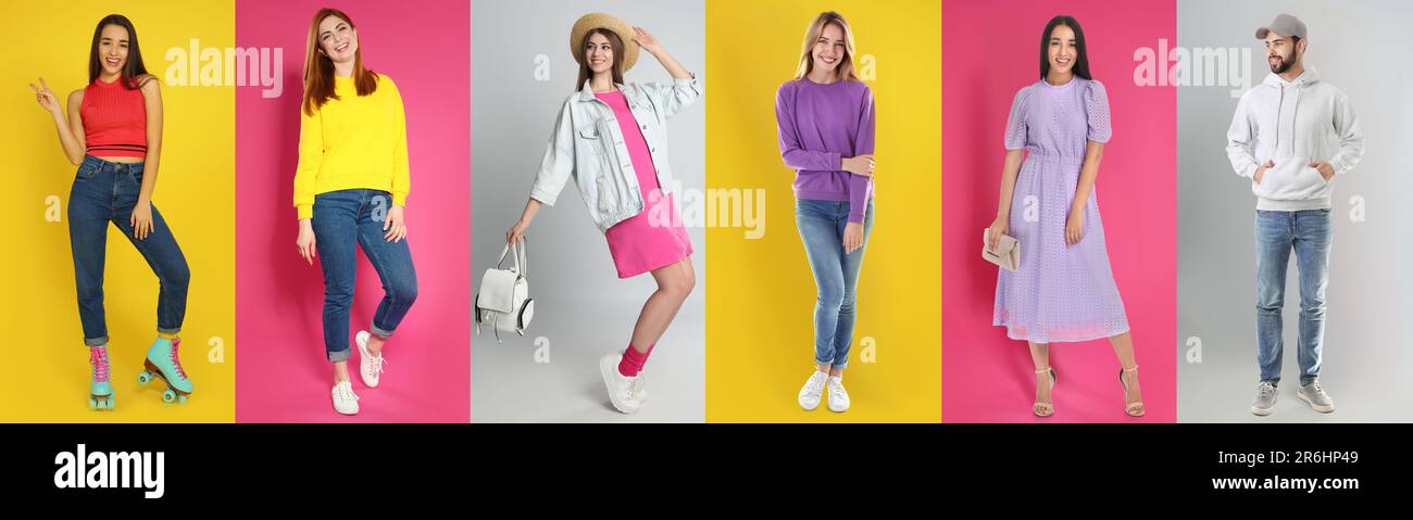 Collage with photos of people wearing trendy clothes on different color ...