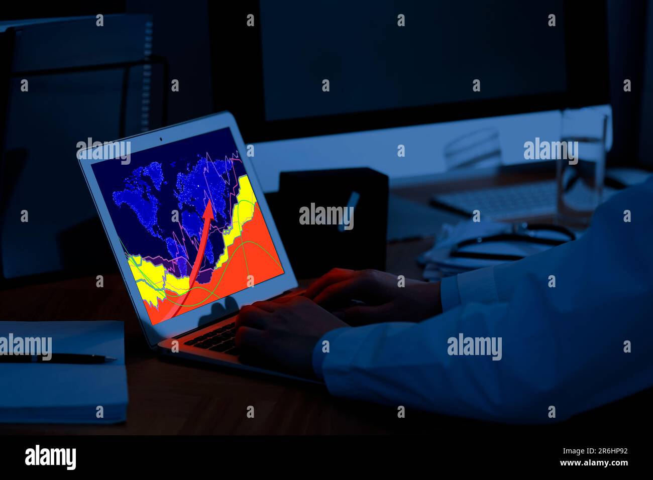 Man analyzing situation on international market via laptop, closeup ...