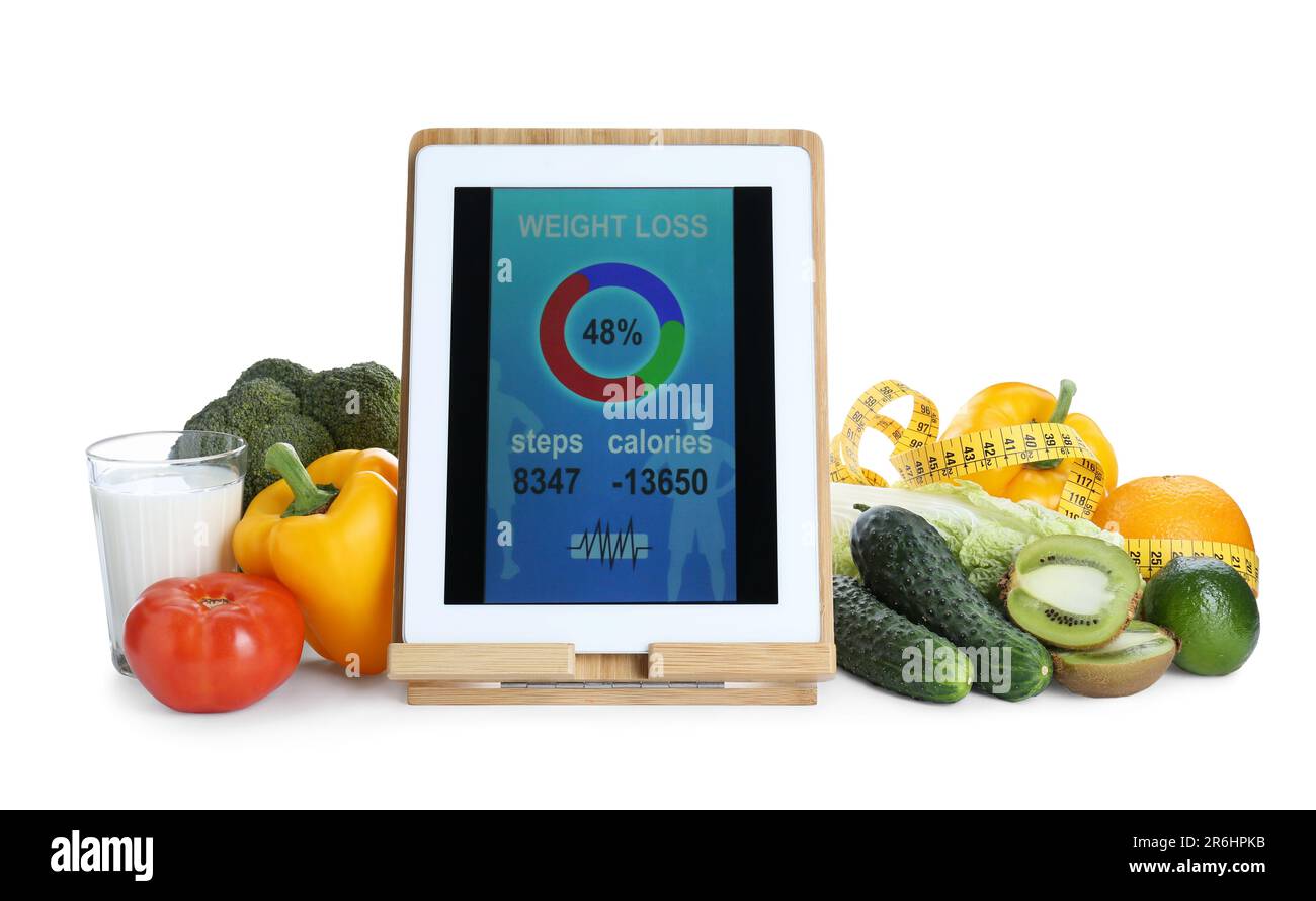 Tablet with weight loss calculator application, measuring tape and food ...