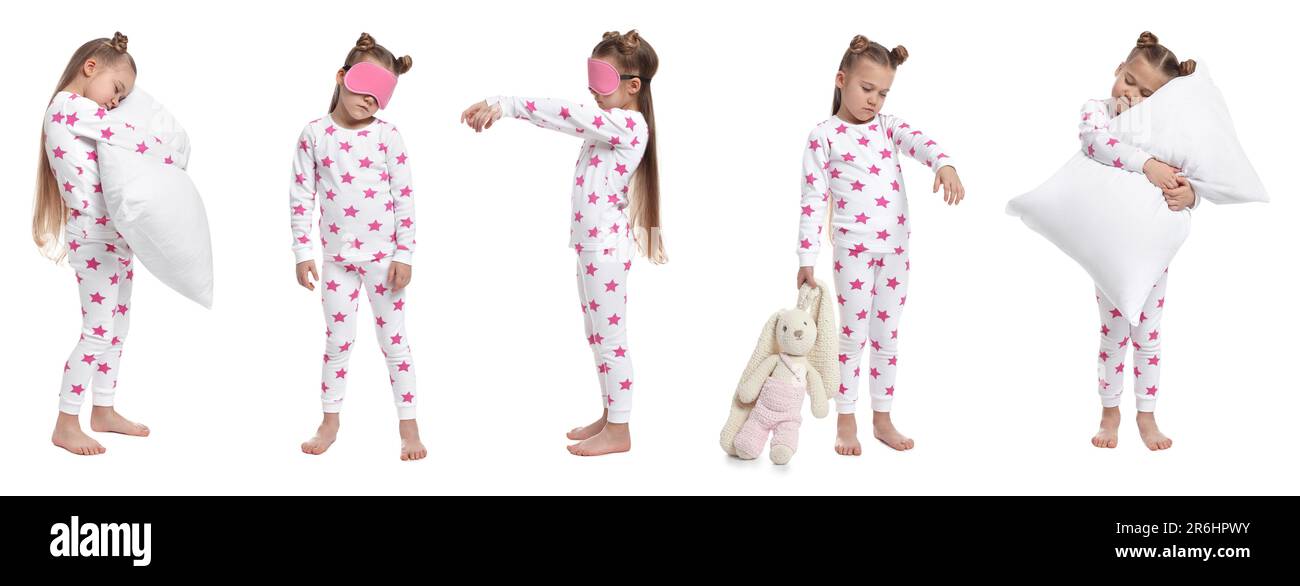 Collage with photos of girl sleepwalking on white background Stock ...