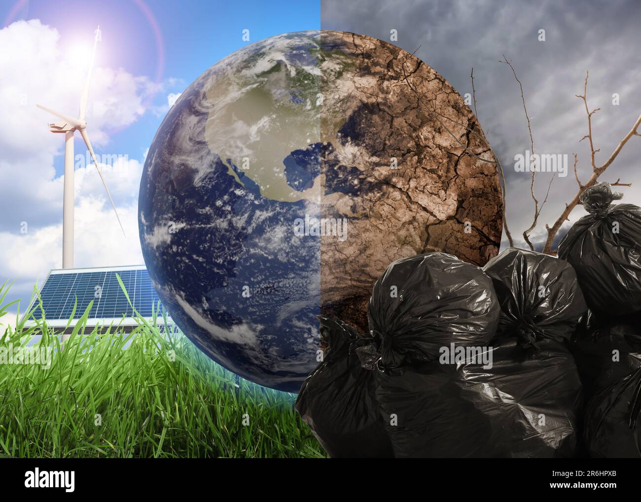 Environmental pollution. Collage divided into clean and contaminated ...