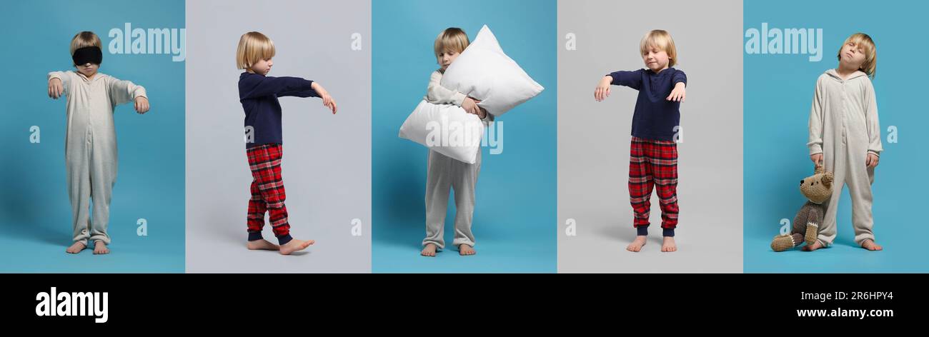 Collage with photos of boy sleepwalking on different color backgrounds ...