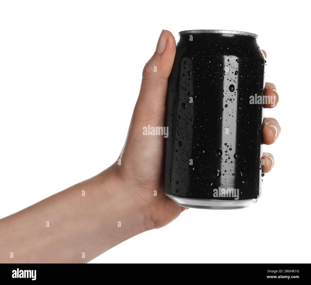 Woman holding black aluminum can on white background, closeup Stock ...