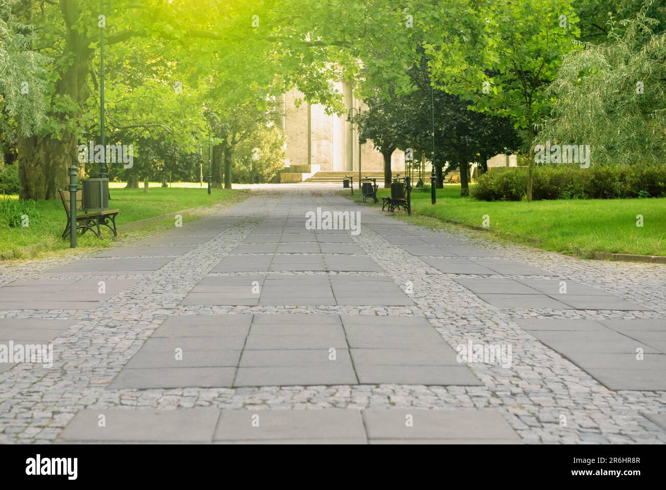 Beautiful view of tiled pavement in park. Sidewalk covering Stock Photo ...