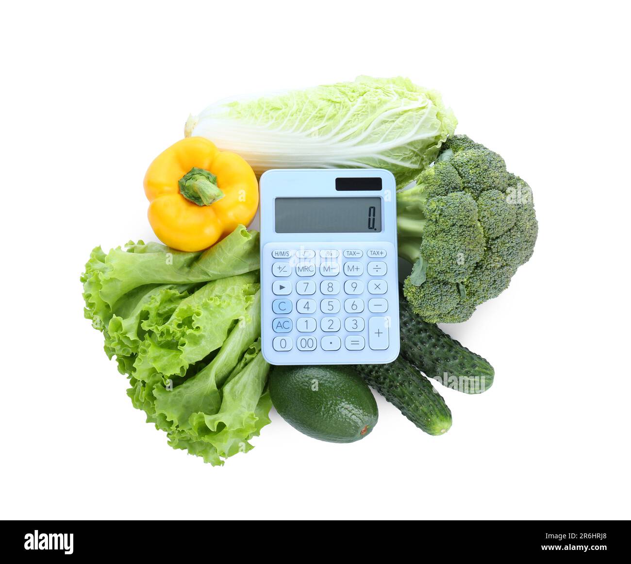 Calculator and food products on white background, top view. Weight loss ...