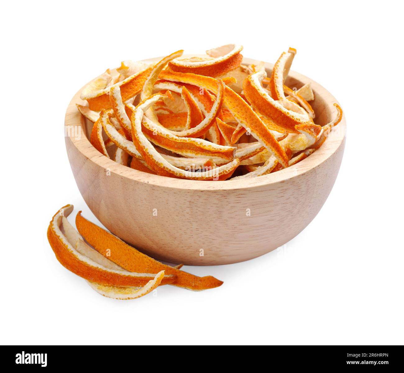 Dry orange peels in wooden bowl on white background Stock Photo - Alamy