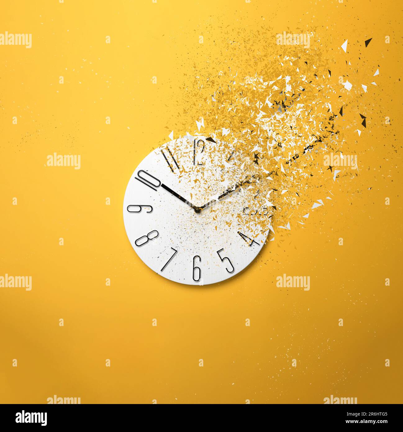 Fleeting time concept. Analog clock dissolving on yellow background ...