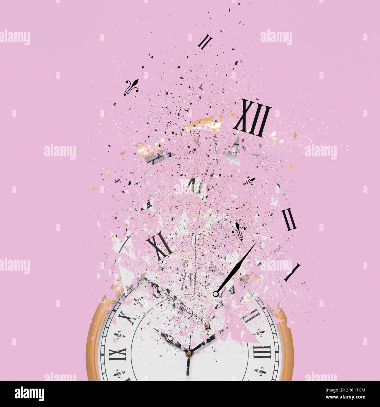 Fleeting time concept. Analog clock dissolving on pink background Stock ...