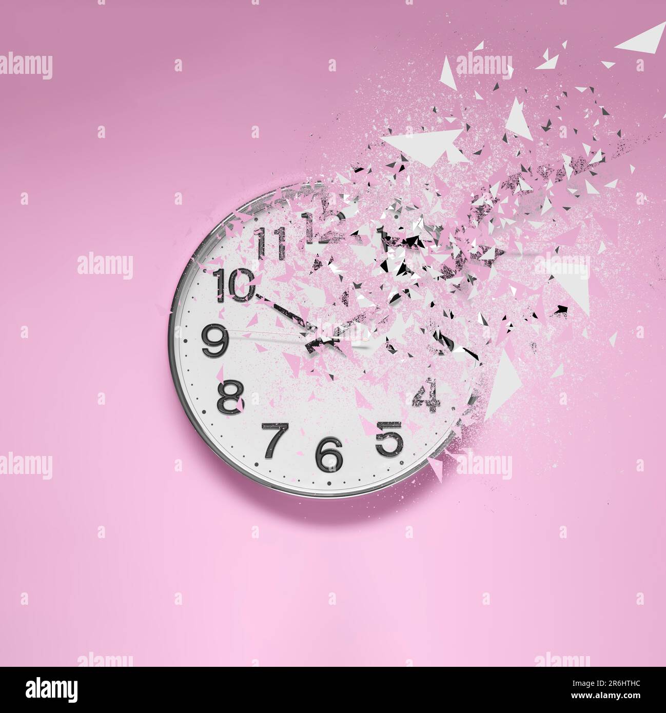 Fleeting time concept. Analog clock dissolving on pink background Stock ...