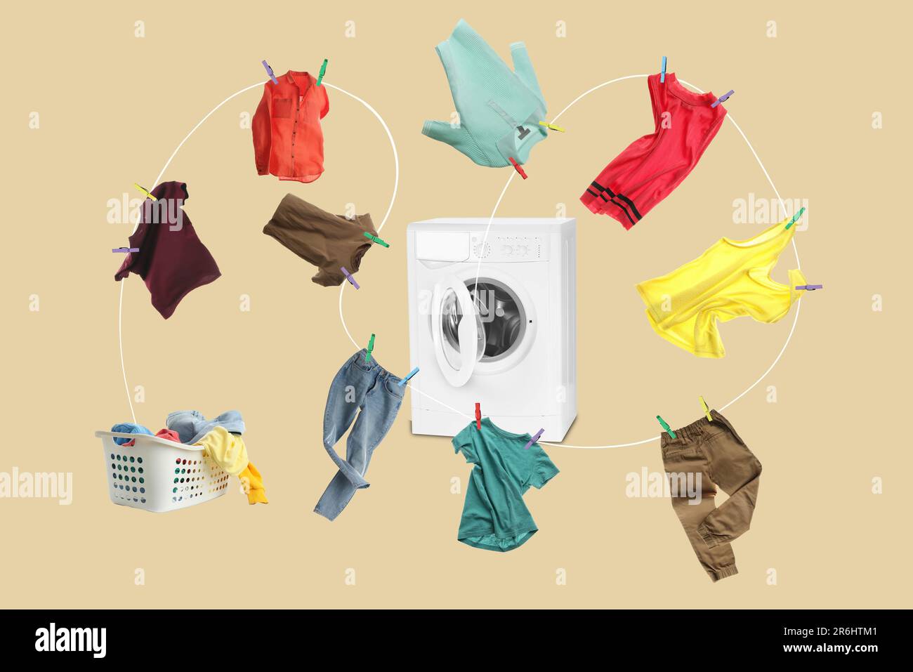 Drying laundry. Rope with different clothes flying out from washing ...