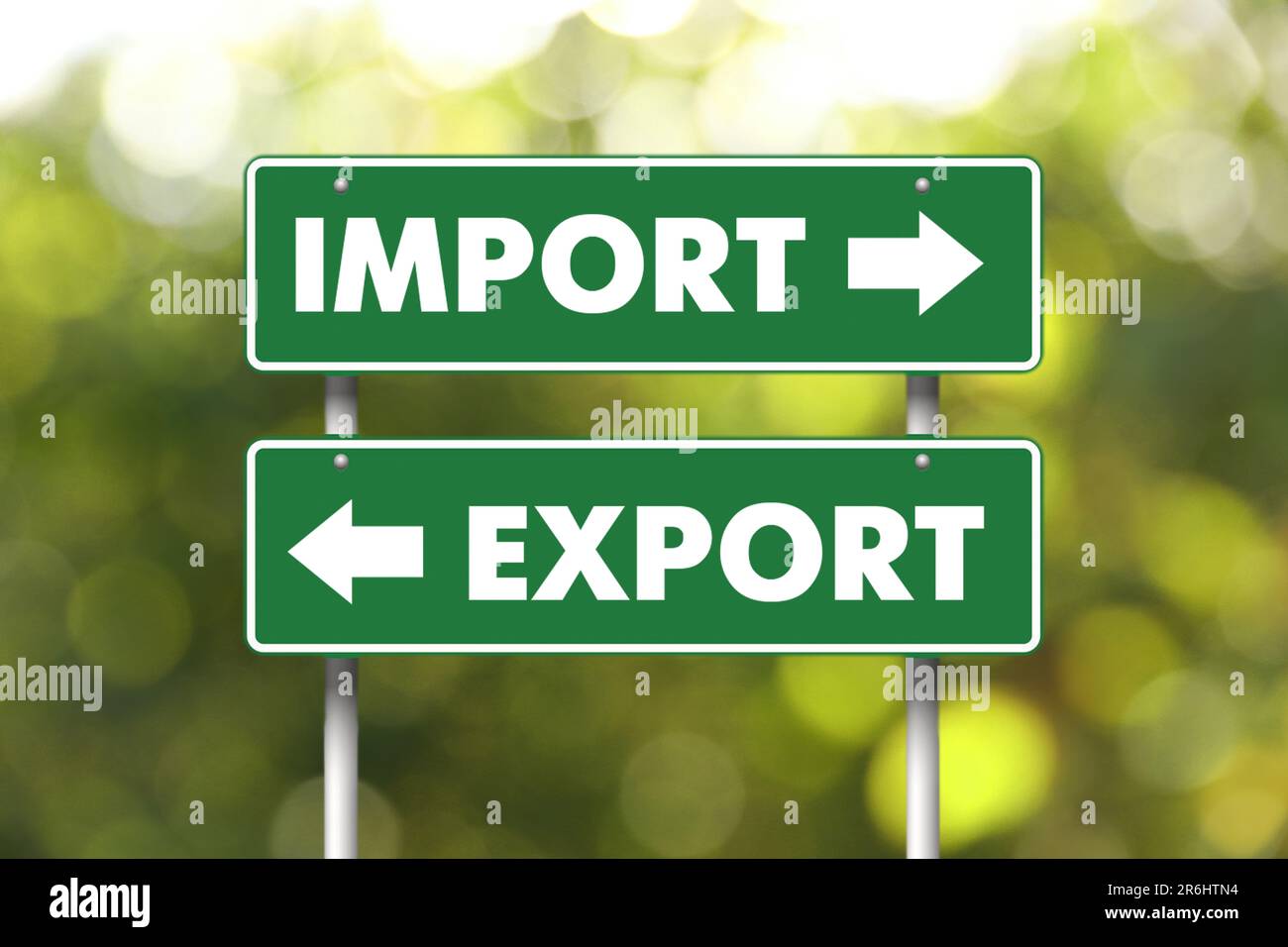 Road sign with Import and Export words and arrows pointing in opposite ...