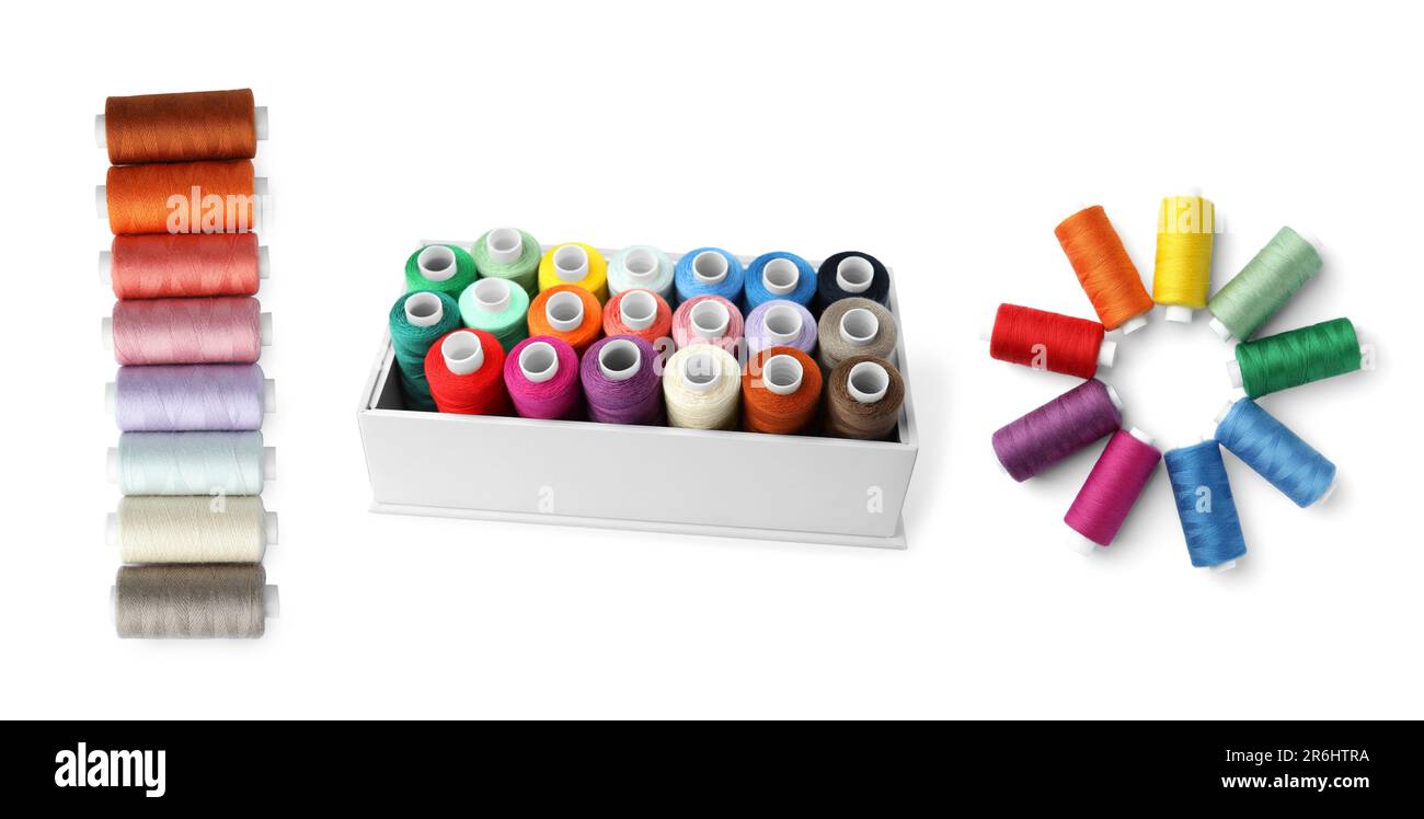 Collage with different colorful sewing threads on white background ...