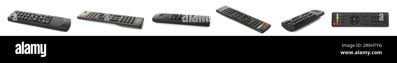 Set of different remote controllers on white background Stock Photo - Alamy