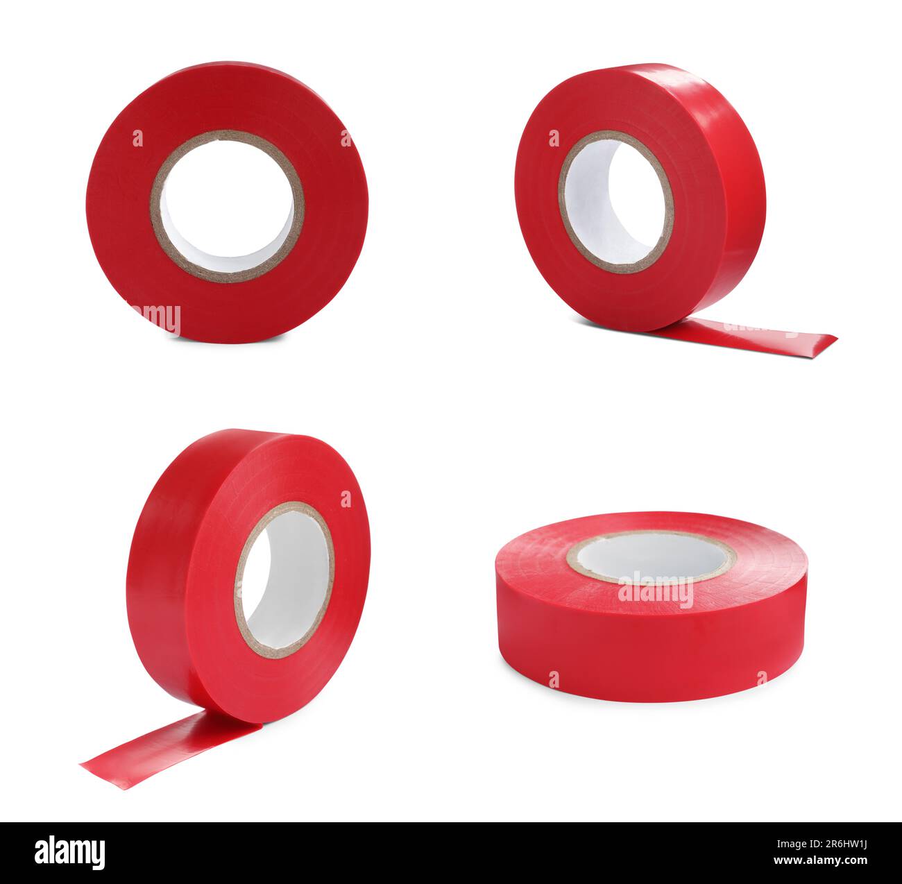 Collage with red insulating tape on white background, different angles ...