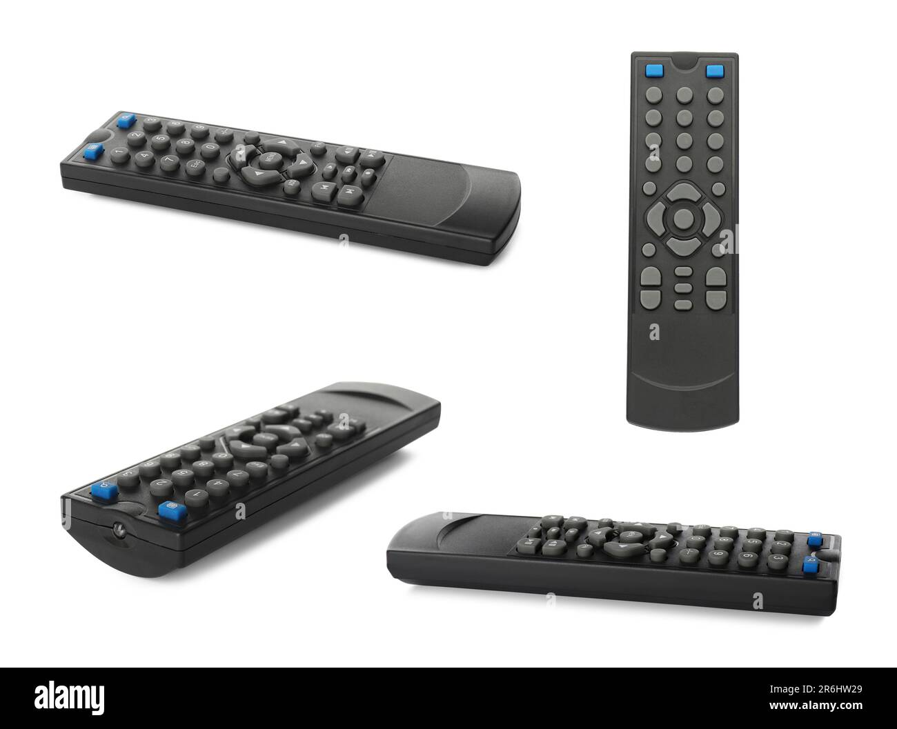 Collage of remote controller on white background, different angles ...