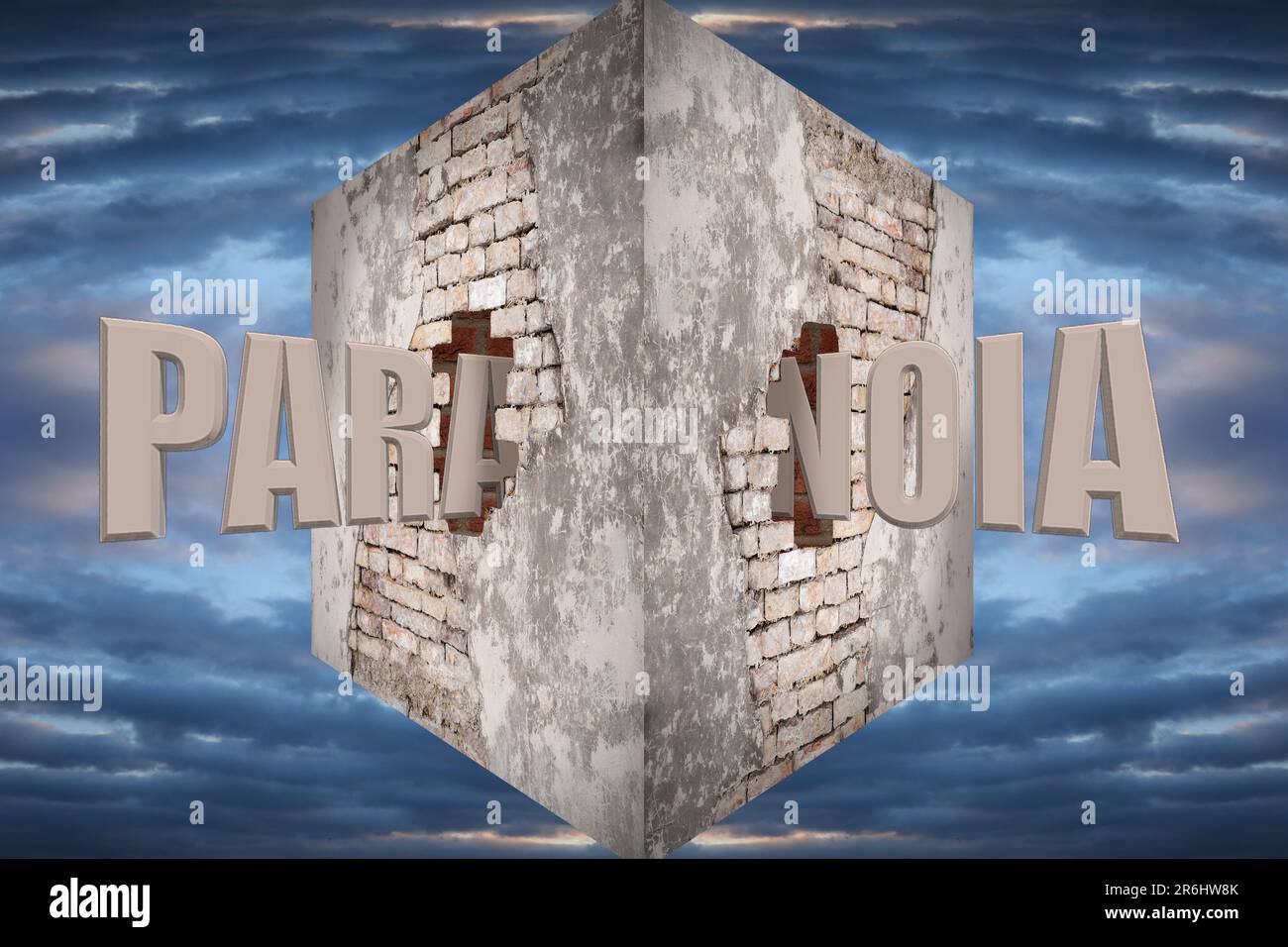 Mental disorder. Word Paranoia passing through brick cube against ...