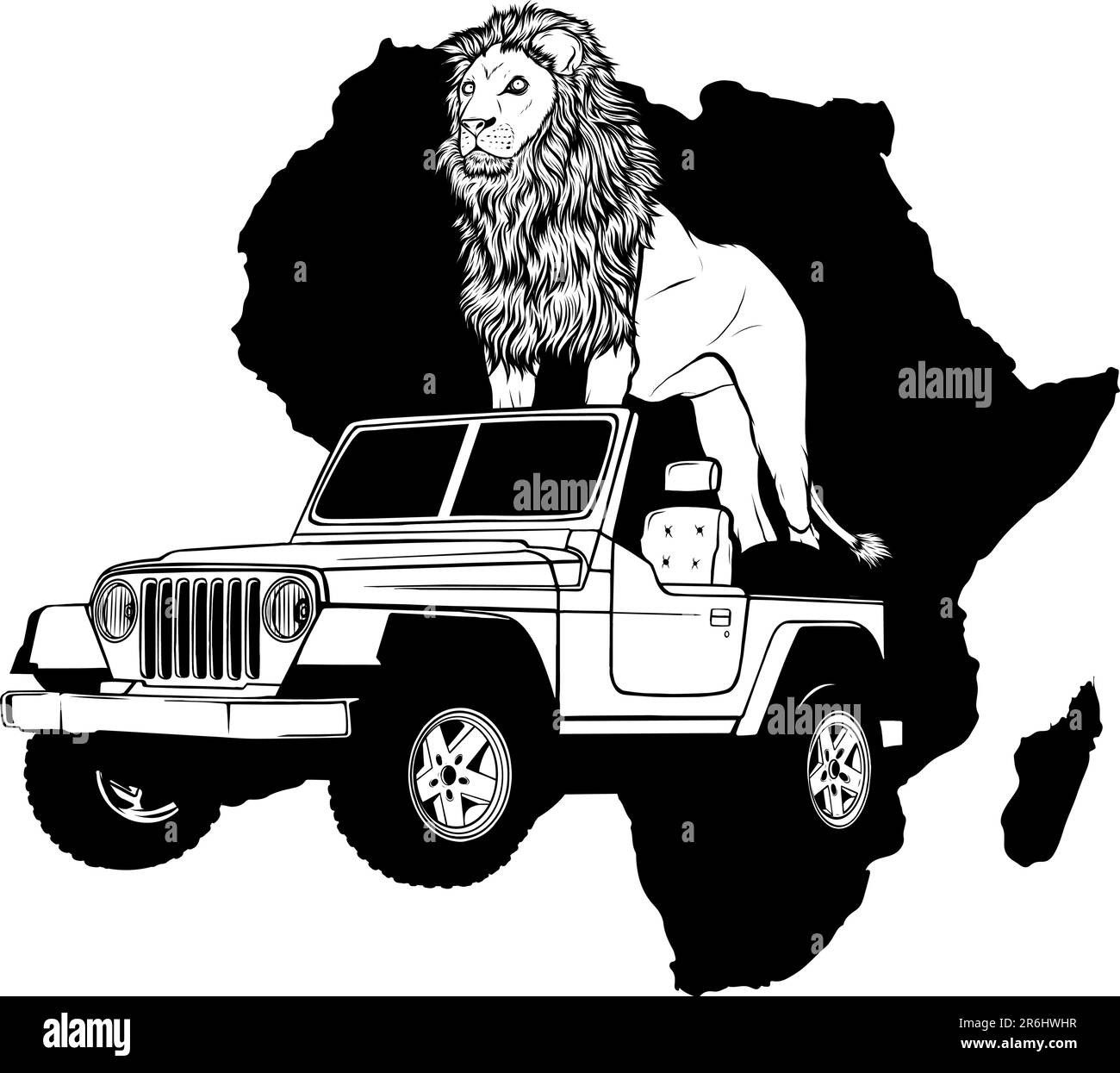 Vector illustration of Africa silhouette with lion and jeep Stock ...