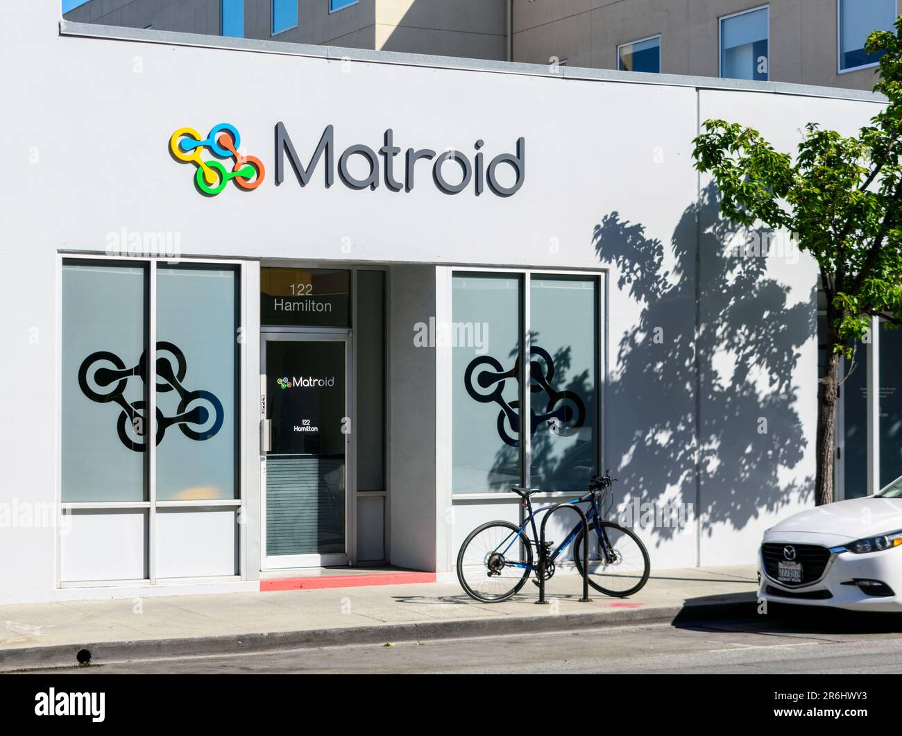 Matroid sign, logo of a computer vision company on the exterior facade ...