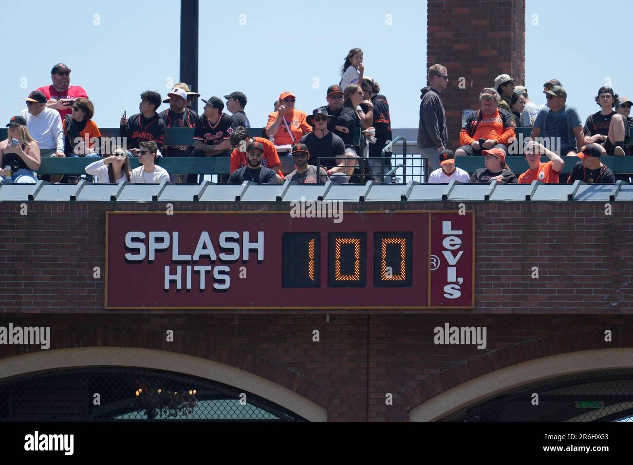 A sign for 100 splash hit home runs are shown at Oracle Park during a ...