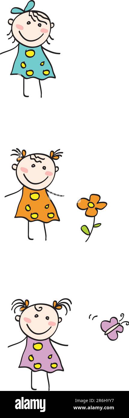 Vector Illustration of happy small girls (downloadable in 3 different ...