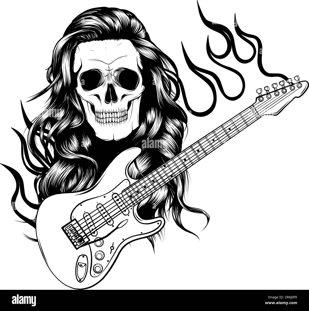 Rockstar skull with trendy hairstyle and crossed electric guitars in ...