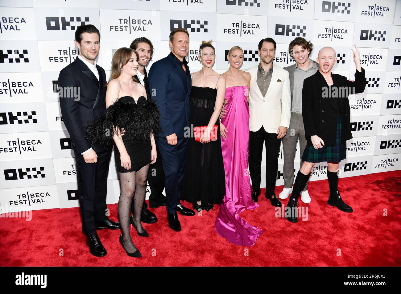 Actors David Berry, left, Izzy Meikle-Small, Joey Phillips, Sam Heughan ...