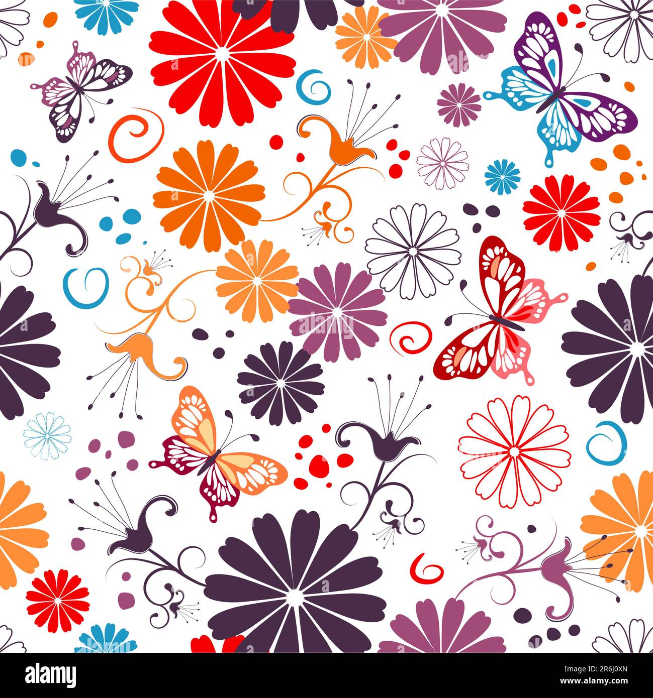 Seamless floral white pattern with flowers and butterflies (vector ...
