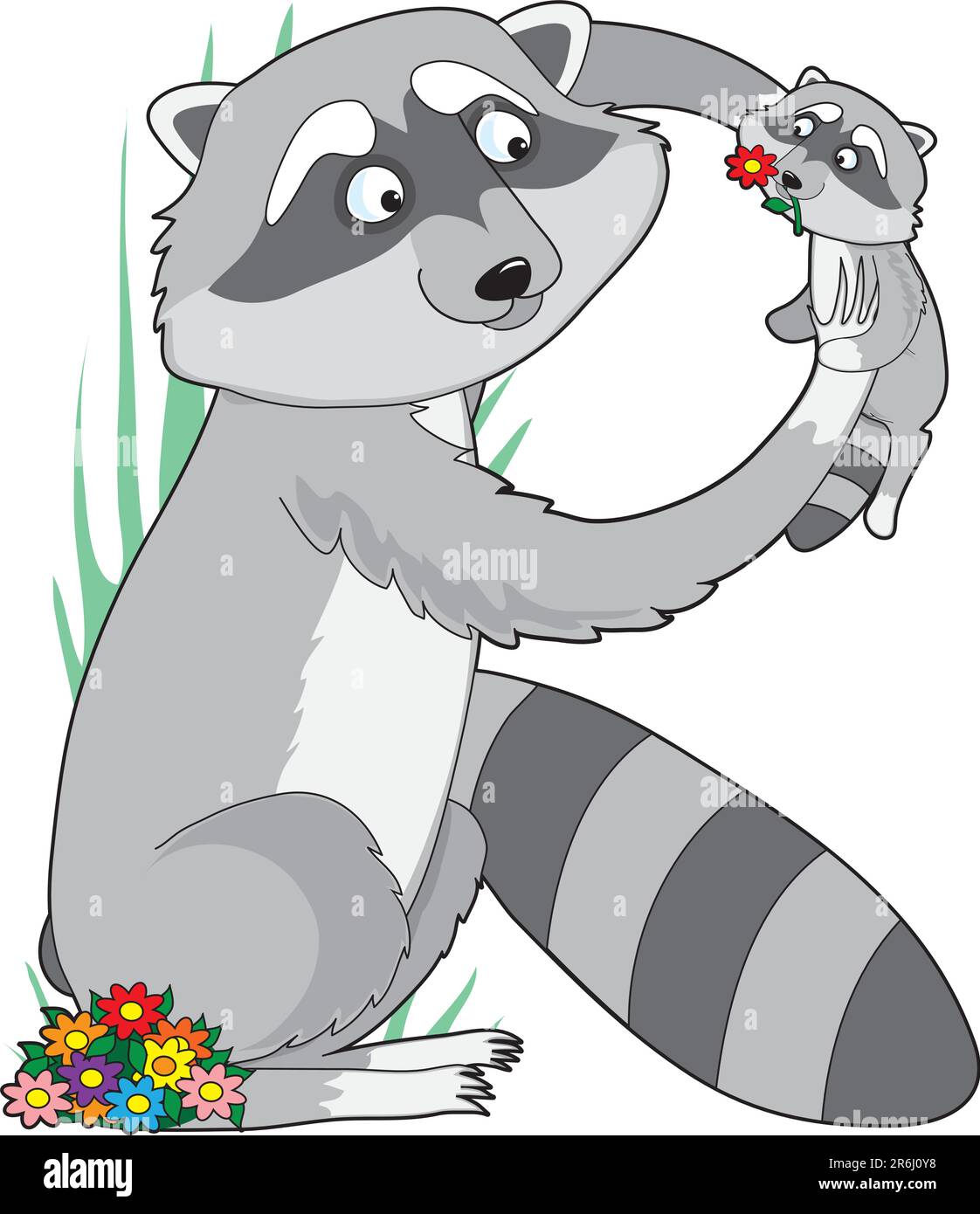 A raccoon holding it's baby in the air. She is shaped like the letter R ...