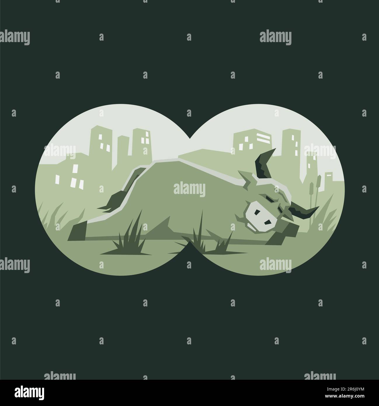 Illustration of a bull sleeping as seen through binoculars Stock Vector ...