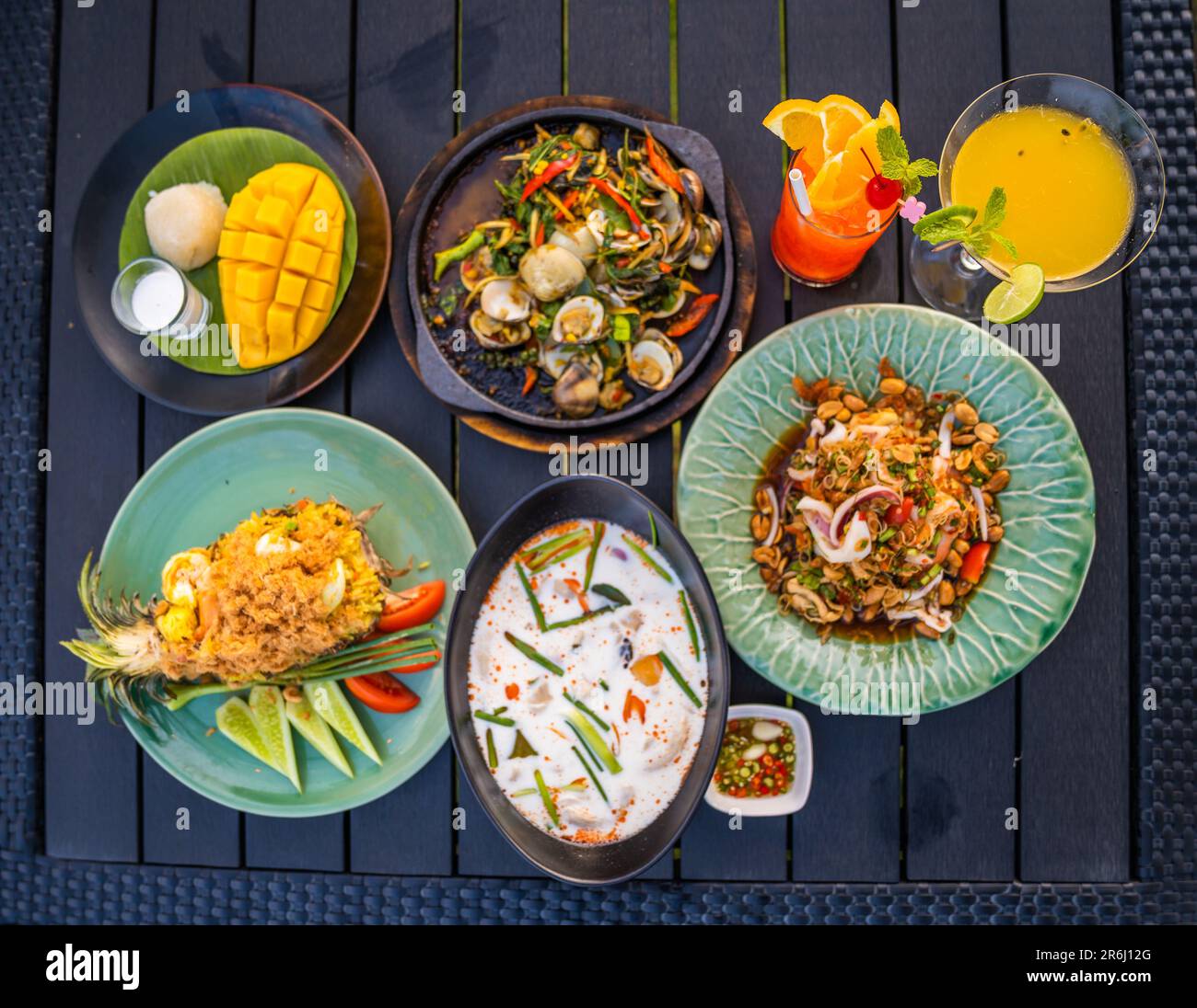 Thai food dishes in a restaurant beachfront in Hua Hin, Thailand Stock ...