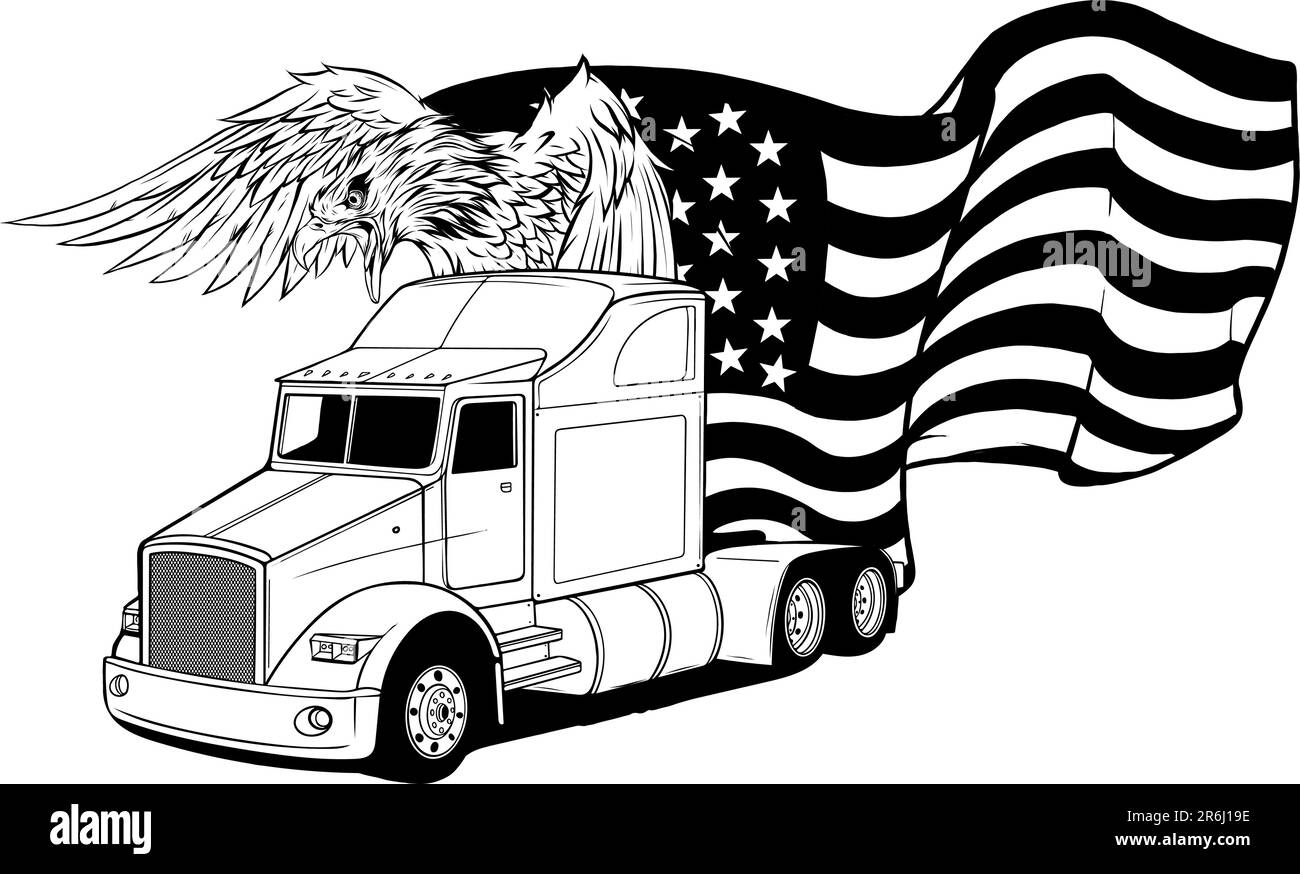 vector illustration of Monochrome semi truck with eagle and american ...