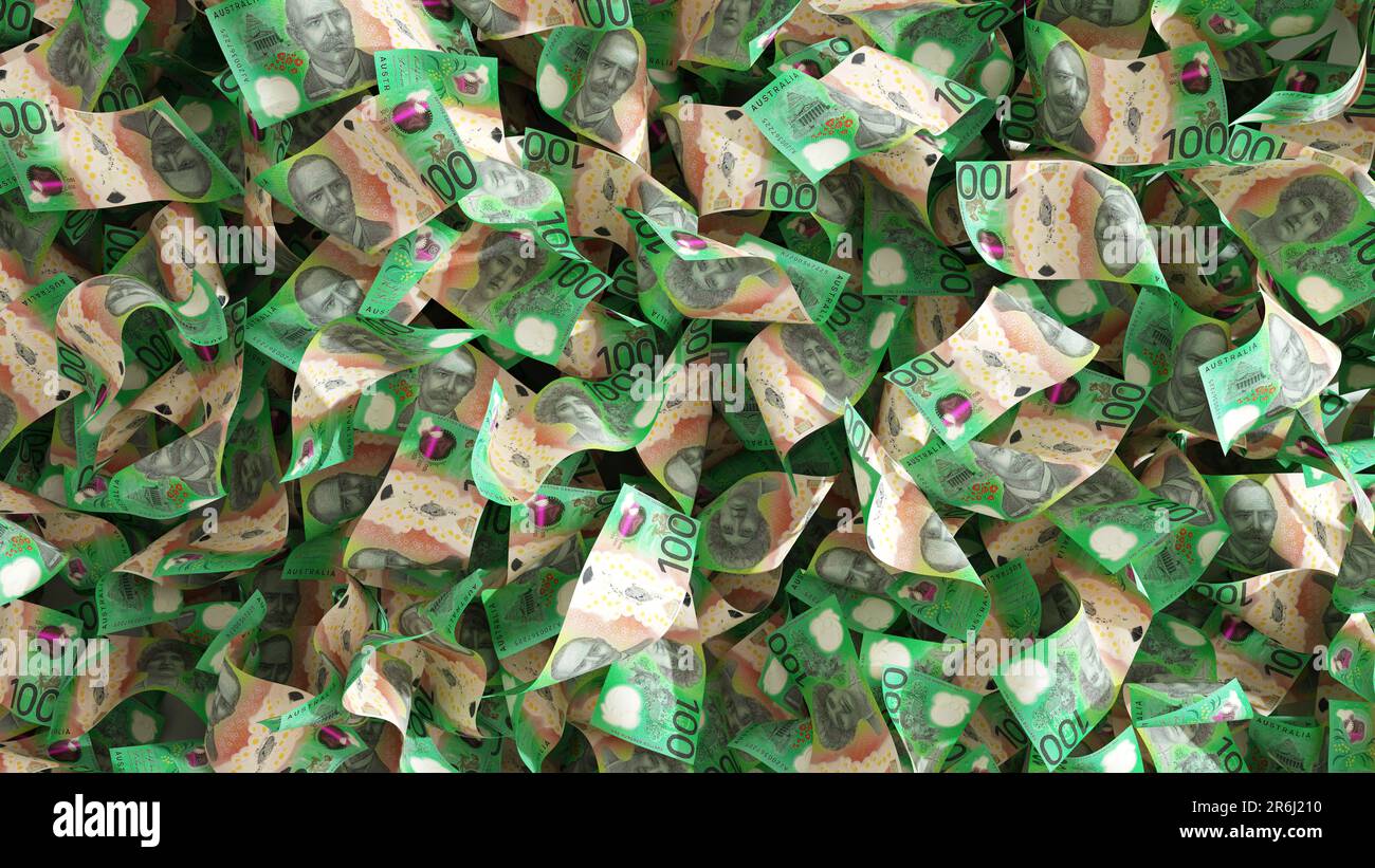 3D rendering of lots of 100 Australian dollar notes spread on surface ...