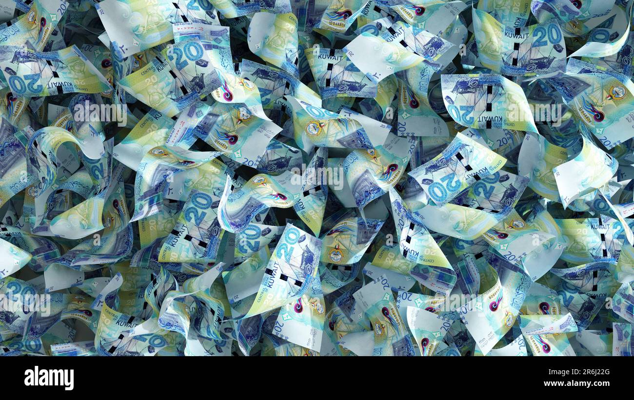 3D rendering of lots of 20 Kuwaiti dinar notes spread on surface. money ...